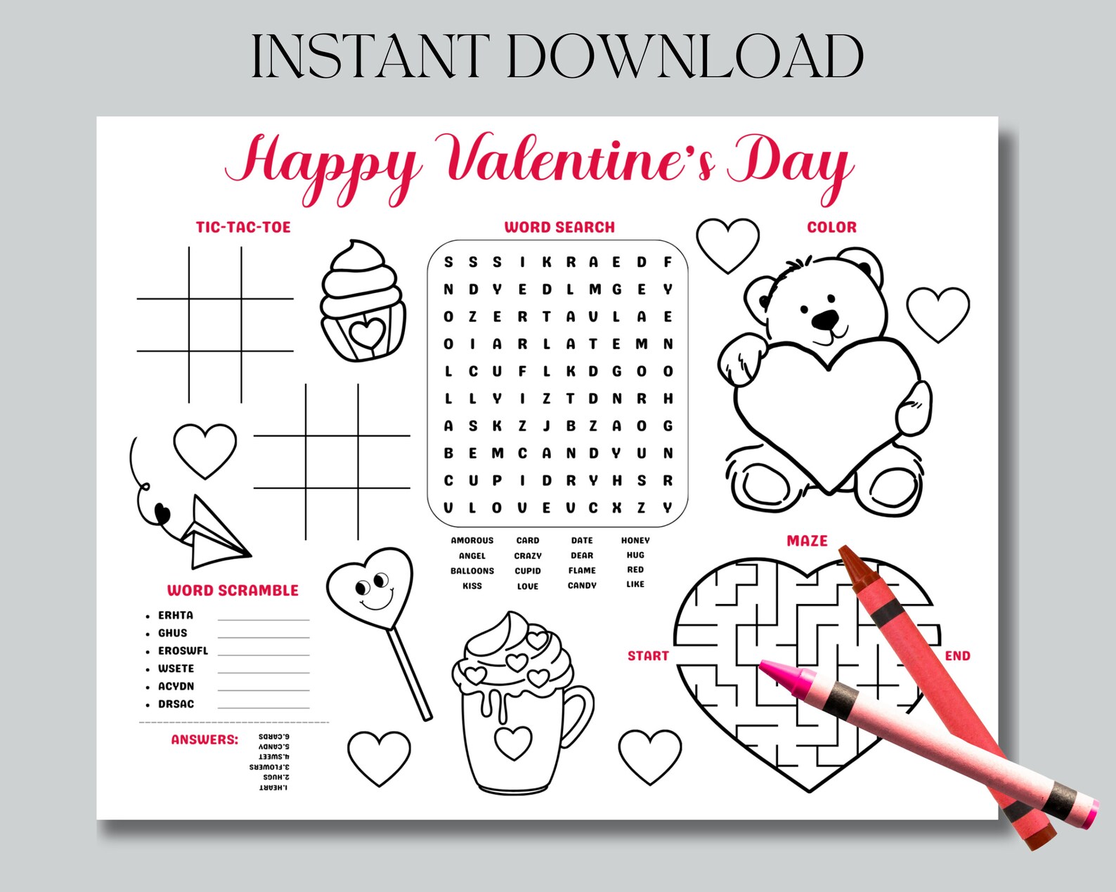 Valentine's Day Activity Mat, Valentine's Day Printable Activity Pages ...