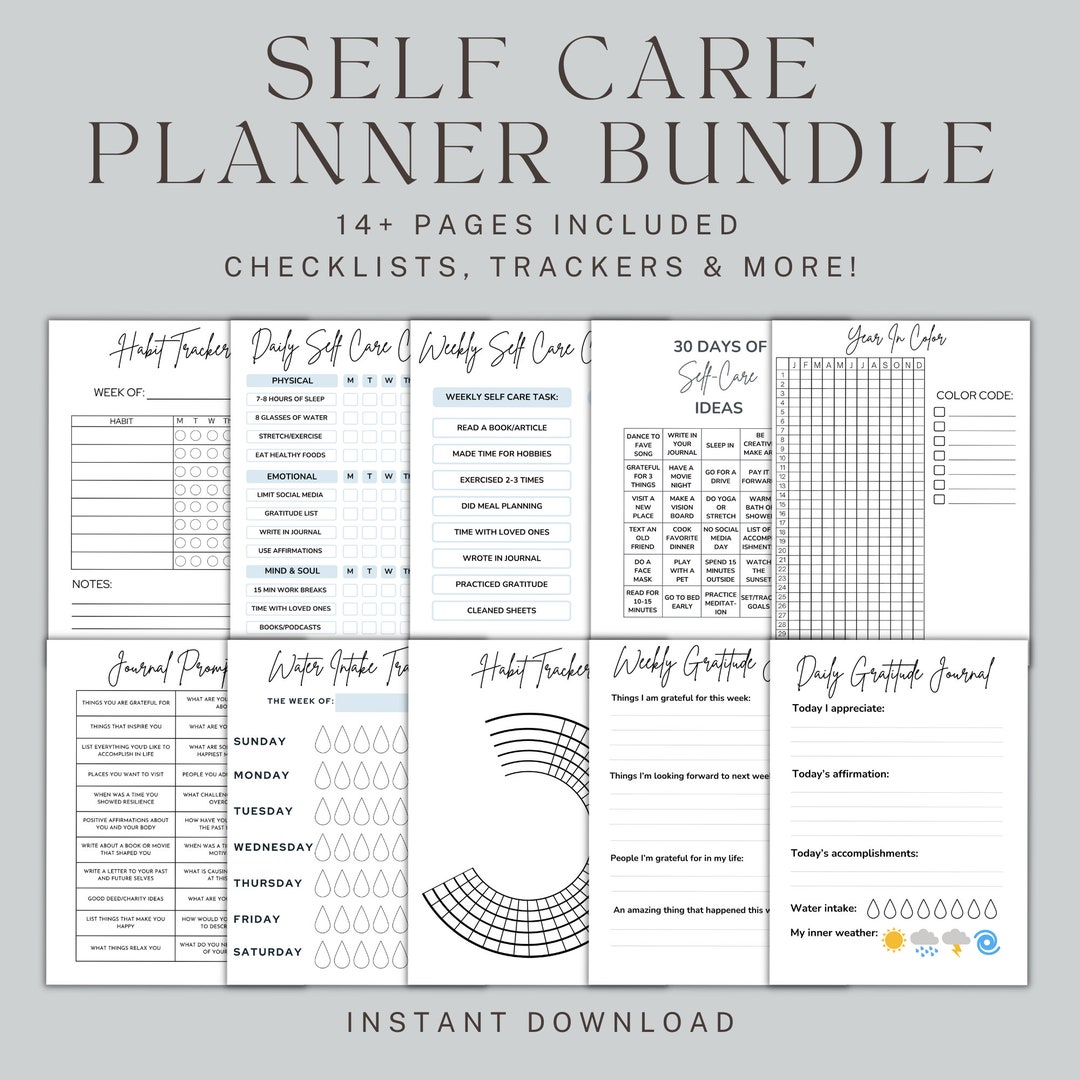 Self Care Planner Bundle, Selfcare Journal Tracker, Wellness Planner Printable, Daily Wellbeing ...