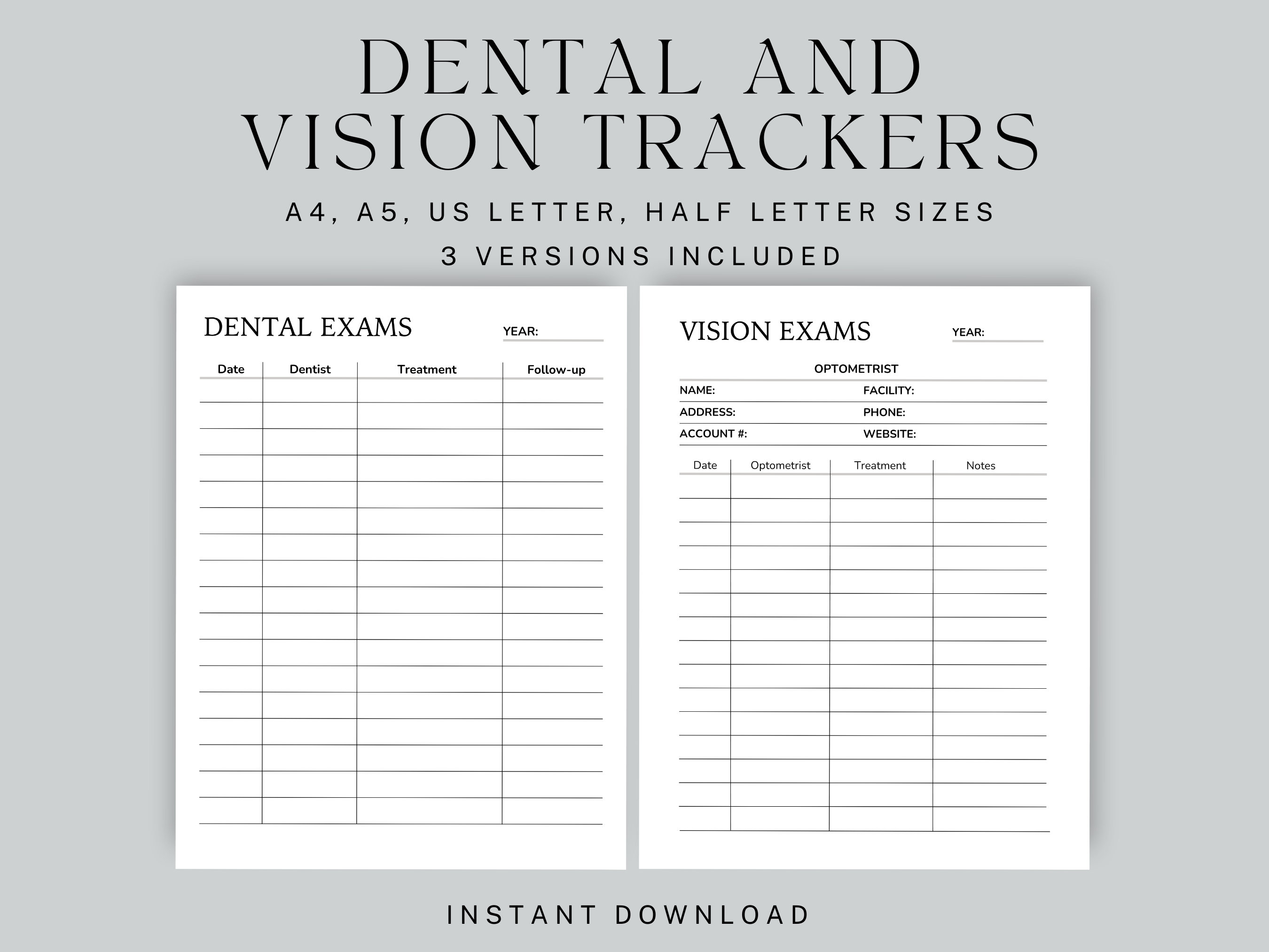 Dental & Vision Exam Trackers: Printable Health Planner (digital ...