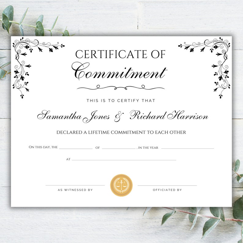 Commitment Ceremony Certificate: Editable Template (digital PDF) - Etsy