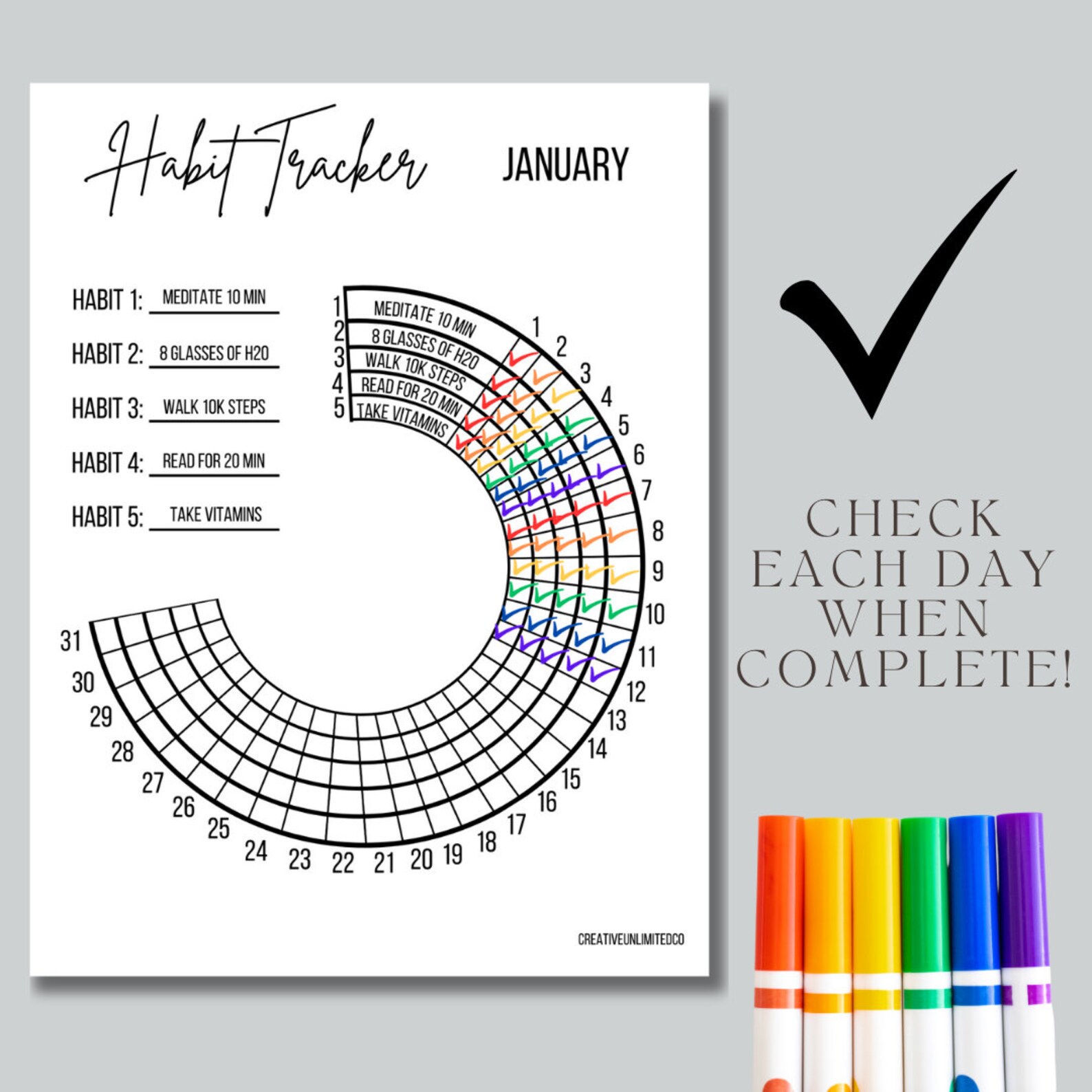 Semi Circle Daily Habit Tracker, Tracker Printable, Daily Goal Tracker ...