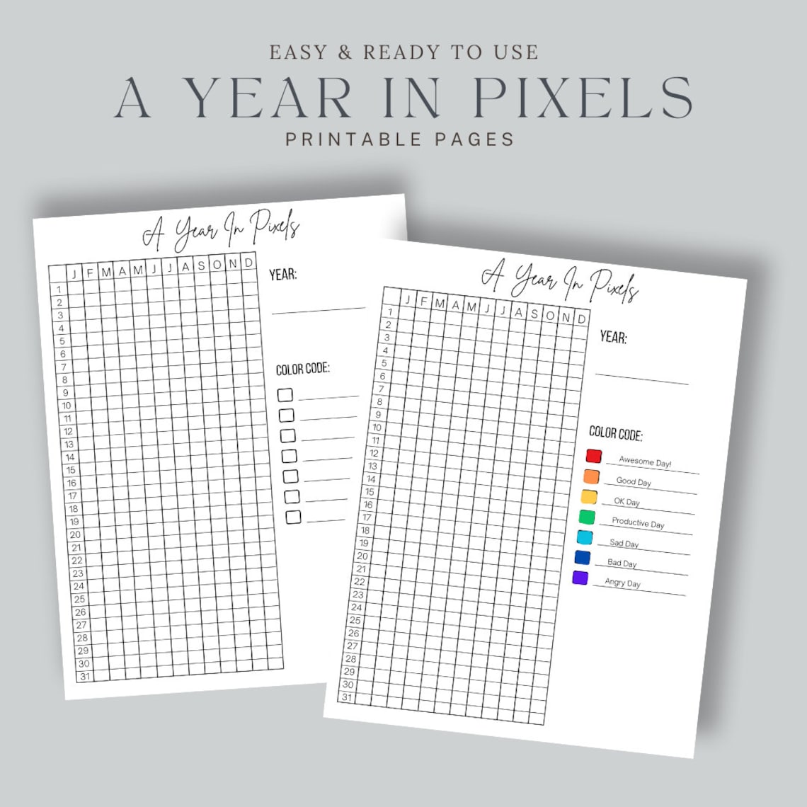 A Year in Pixels Printable, Pixel Journal, Year at a Glance, Yearly ...