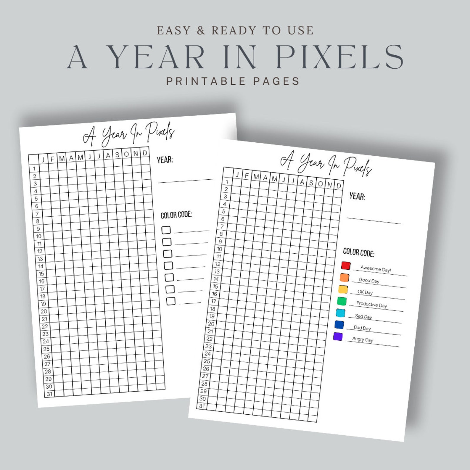 A Year in Pixels Printable, Pixel Journal, Year at a Glance, Yearly ...