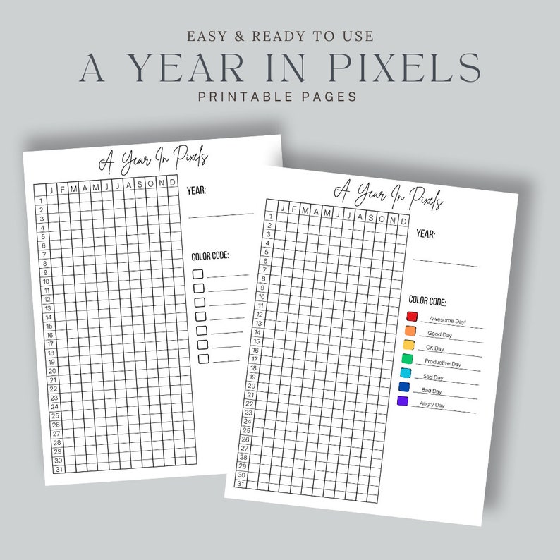 A Year in Pixels Printable, Pixel Journal, Year at a Glance, Yearly ...