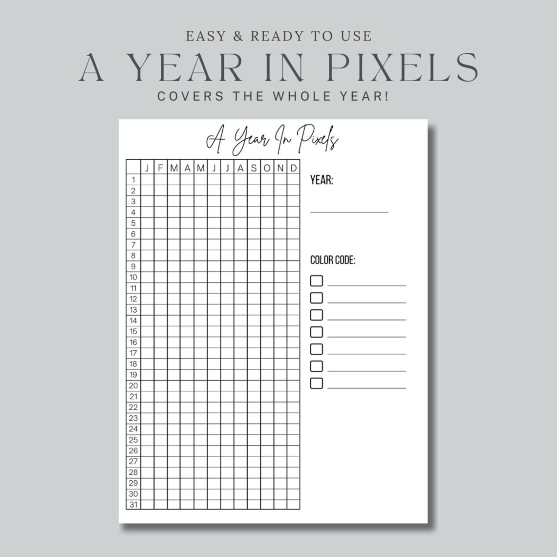 A Year in Pixels Printable, Pixel Journal, Year at a Glance, Yearly ...