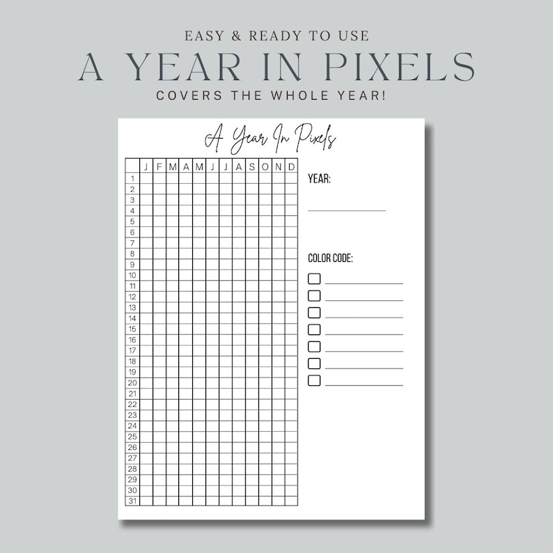 A Year in Pixels Printable, Pixel Journal, Year at a Glance, Yearly ...