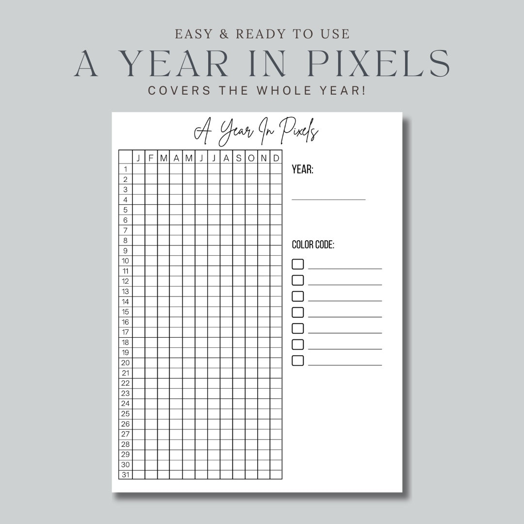 A Year in Pixels Printable, Pixel Journal, Year at a Glance, Yearly ...