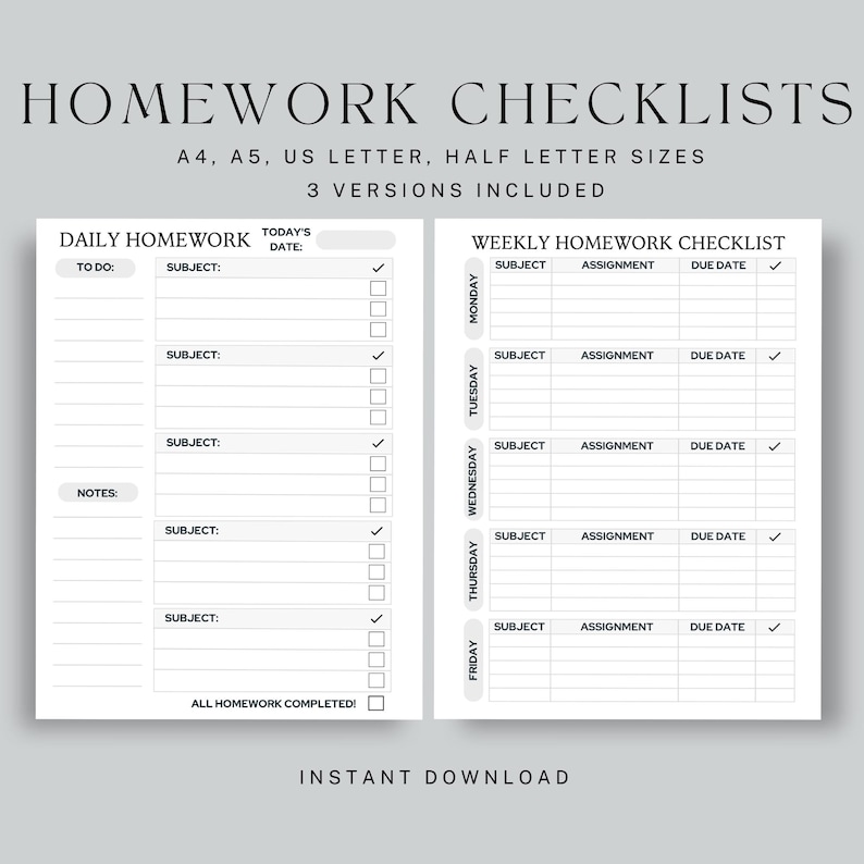 Daily & Weekly Homework Checklist: Fillable Student Planner (digital ...