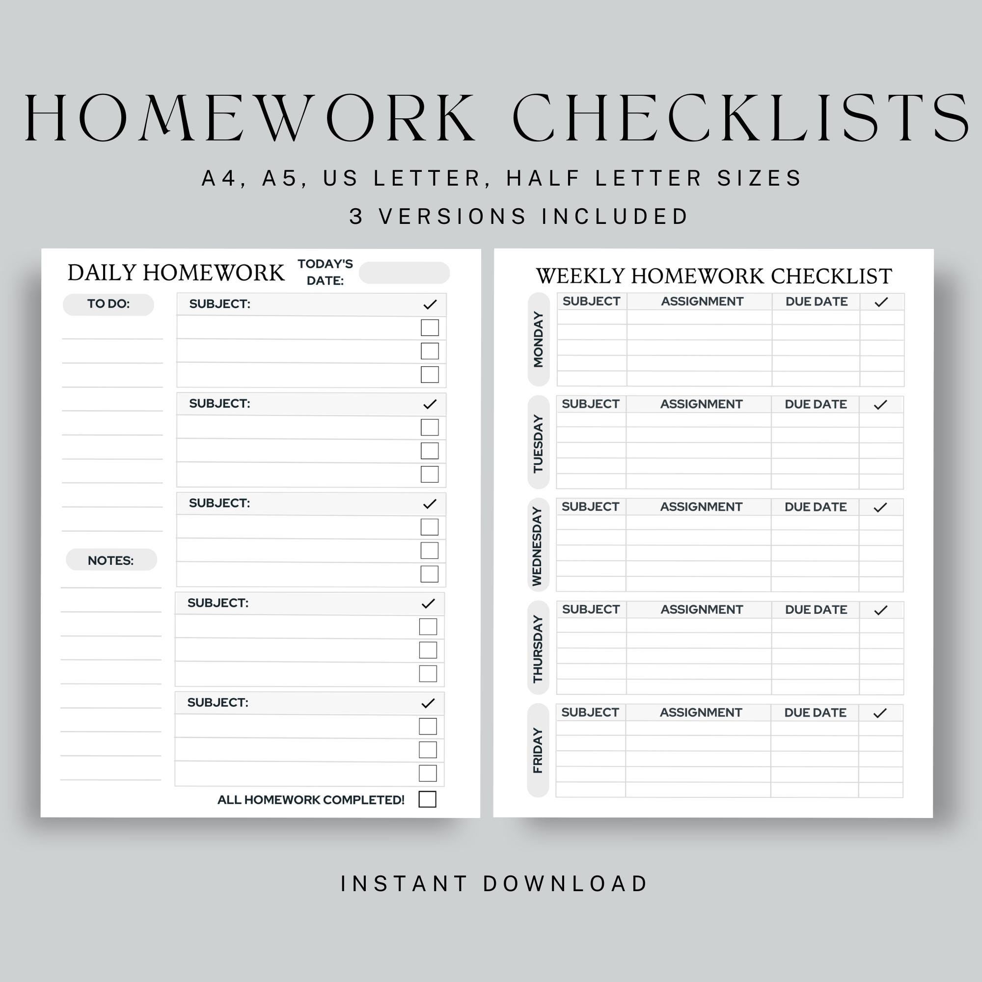 Daily & Weekly Homework Checklist: Fillable Student Planner (digital ...