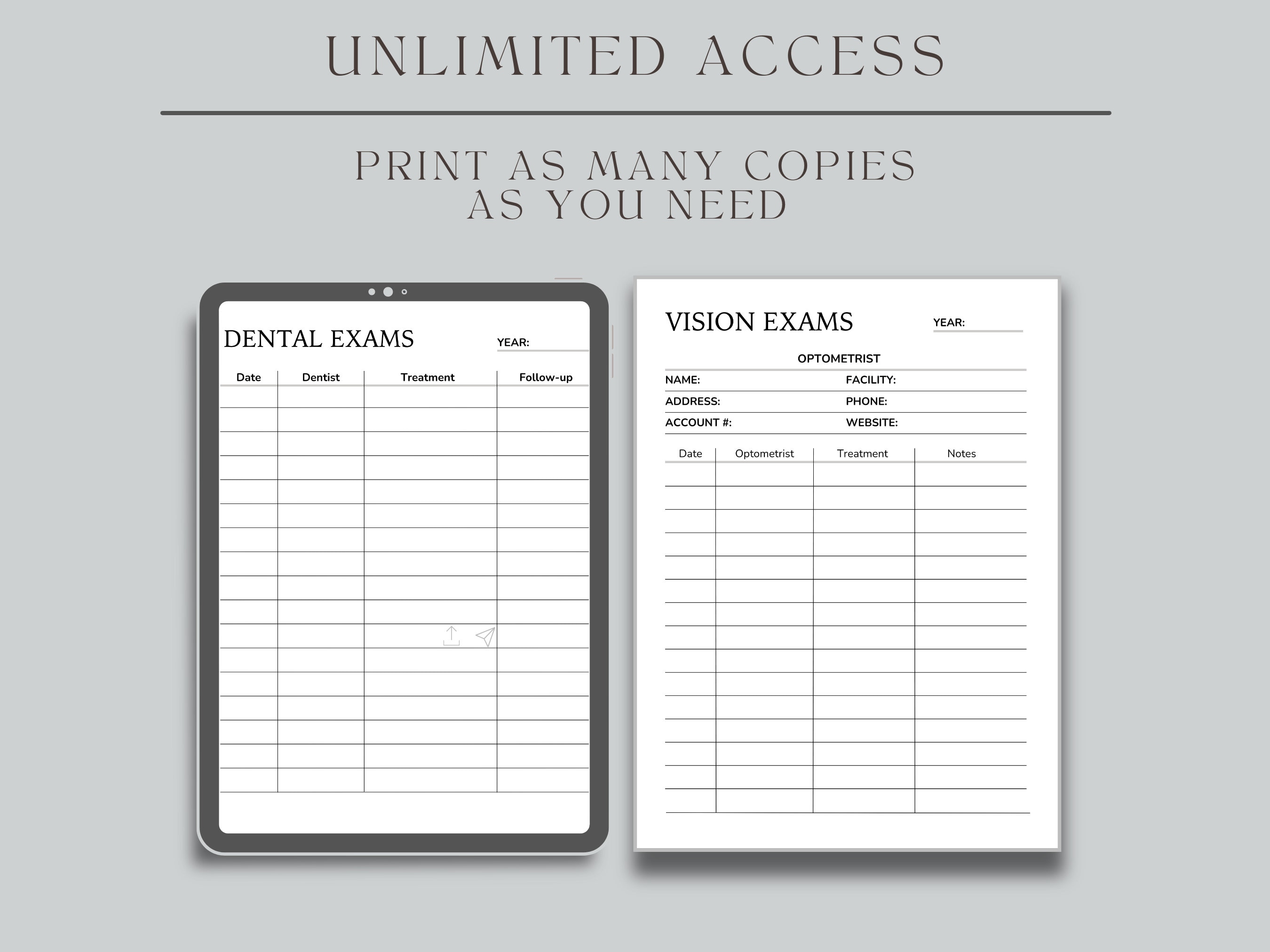 Dental & Vision Exam Trackers: Printable Health Planner (digital ...