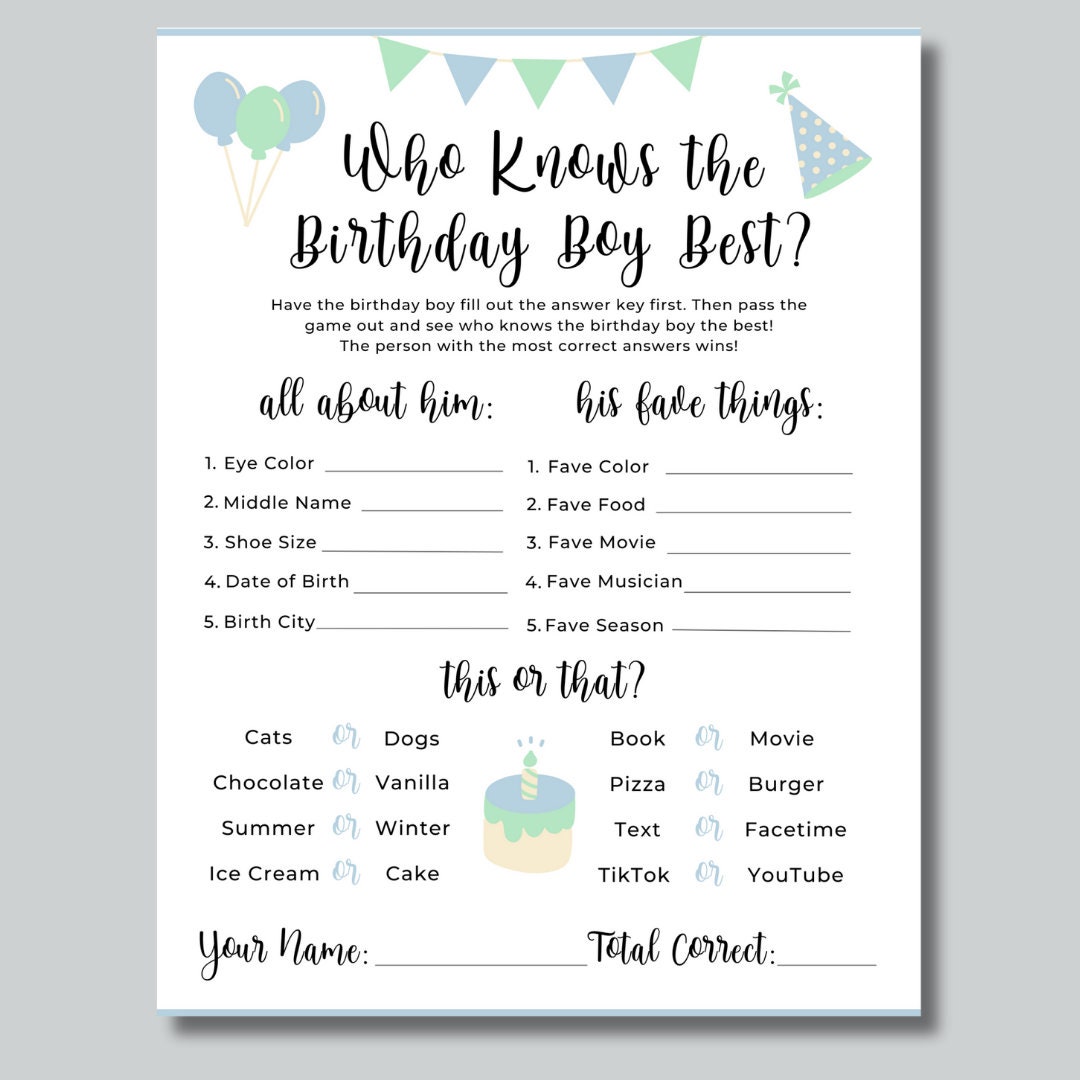 Who Knows the Birthday Boy Best, Birthday Quiz, How Well Do You Know the Birthday Boy, Birthday ...