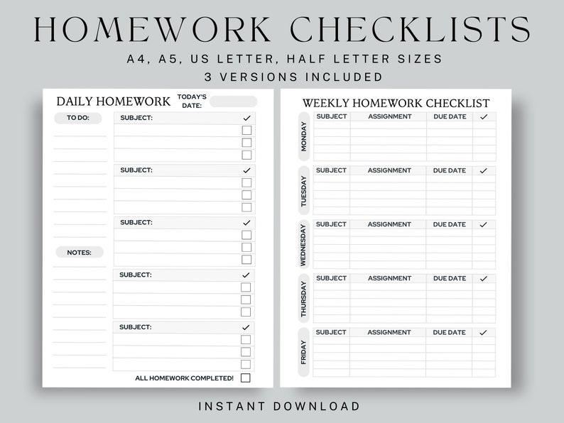 Daily & Weekly Homework Checklist: Fillable Student Planner (digital ...