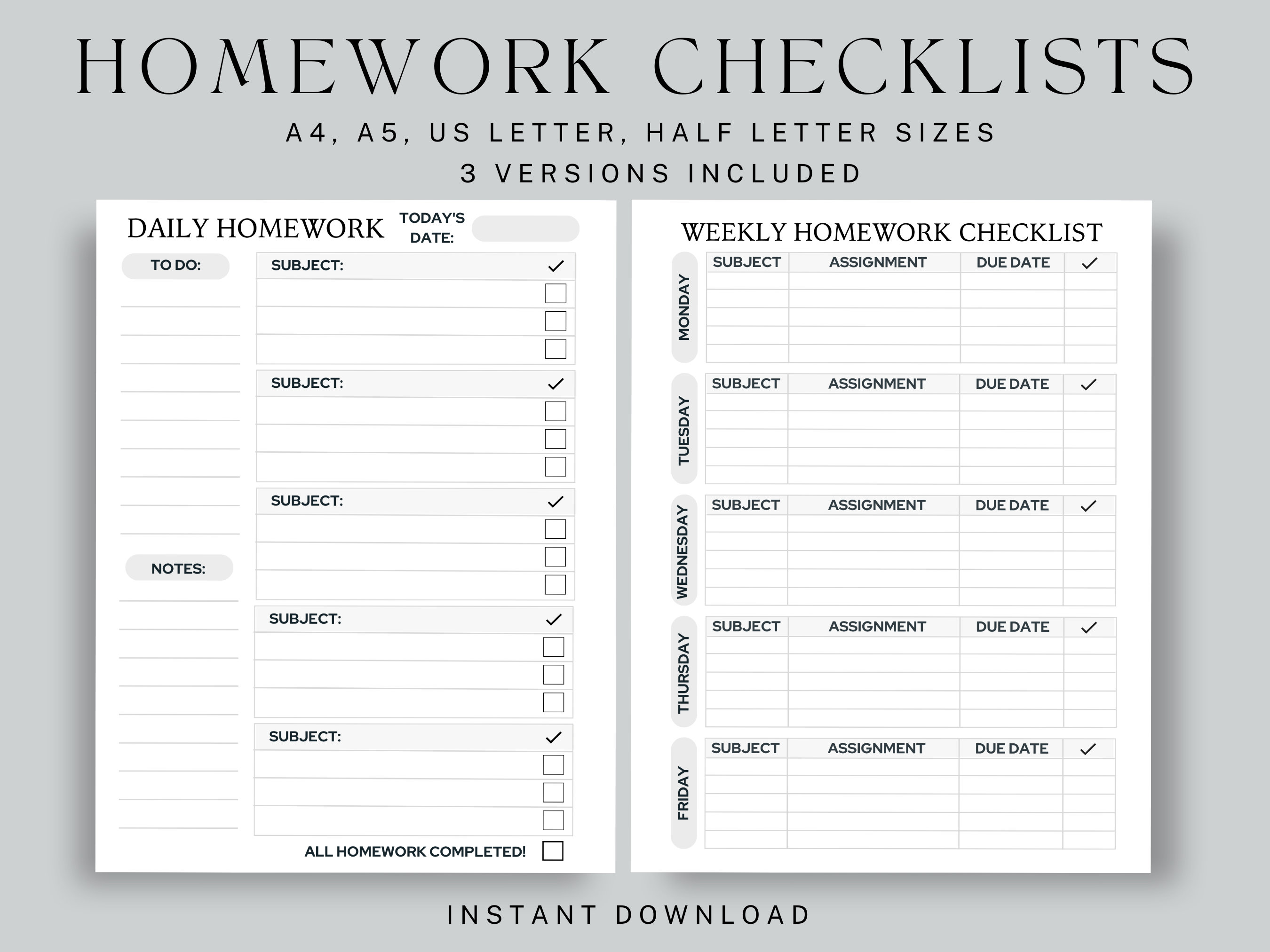 Homework Checklists, Daily Homework Planner, Weekly Homework Checklist ...