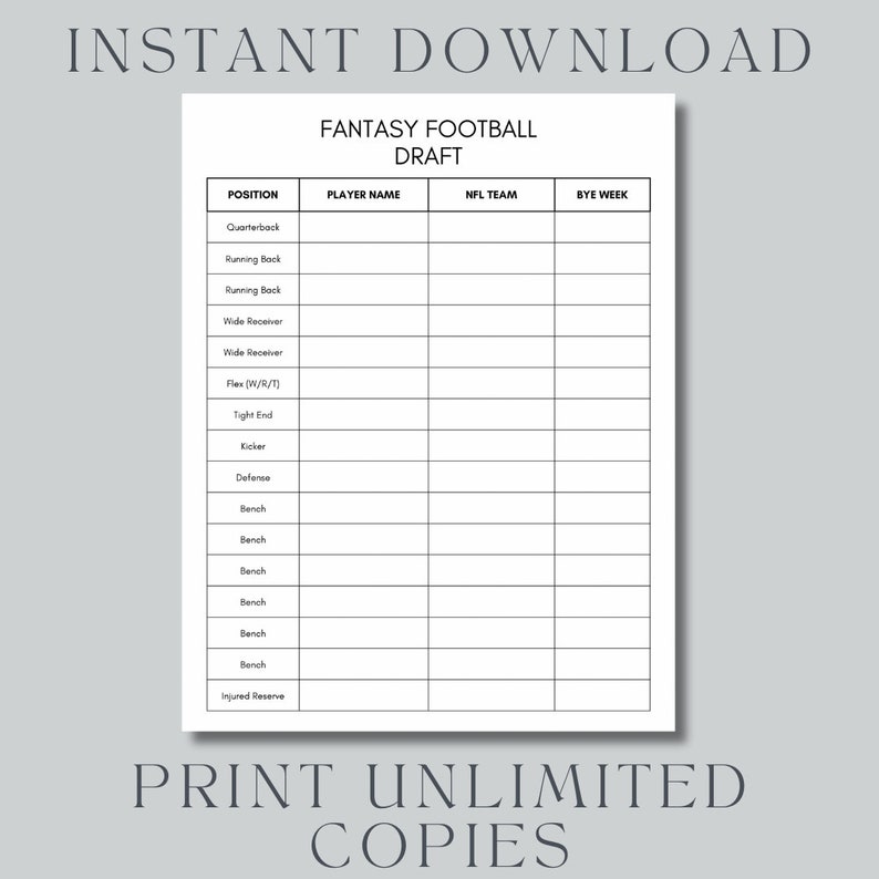 Fantasy Football Draft Sheet, Fantasy Football, Sizes US Letter, A4, A5 ...