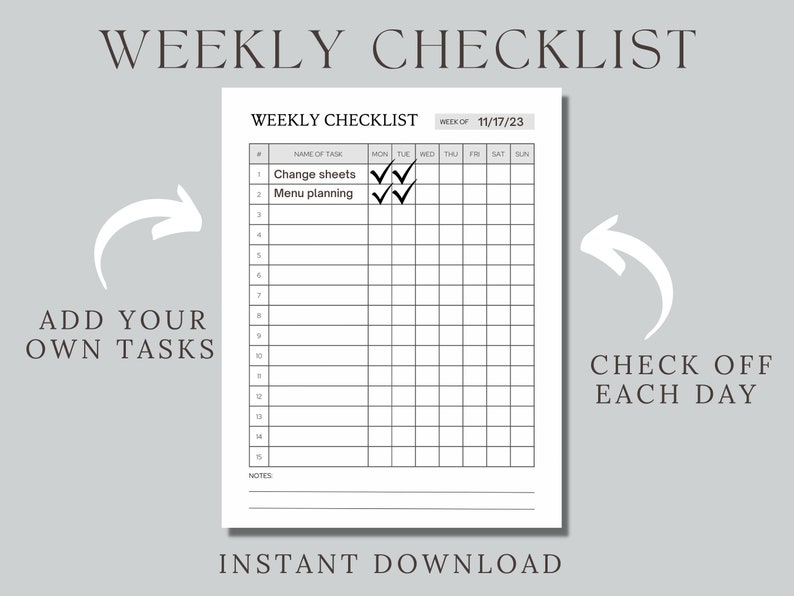 Weekly Checklist Printable: to Do List Template (digital PDF) - Etsy
