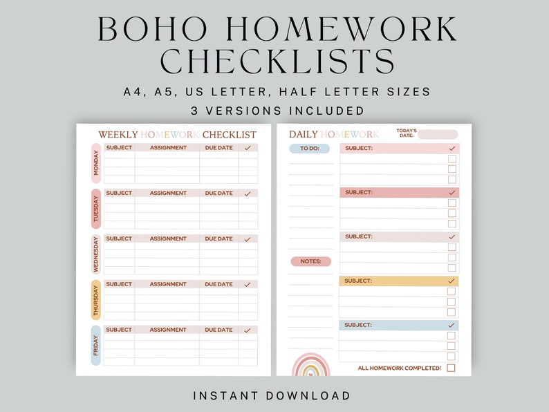 Boho Homework Checklists, Daily Homework Planner, Weekly Homework ...
