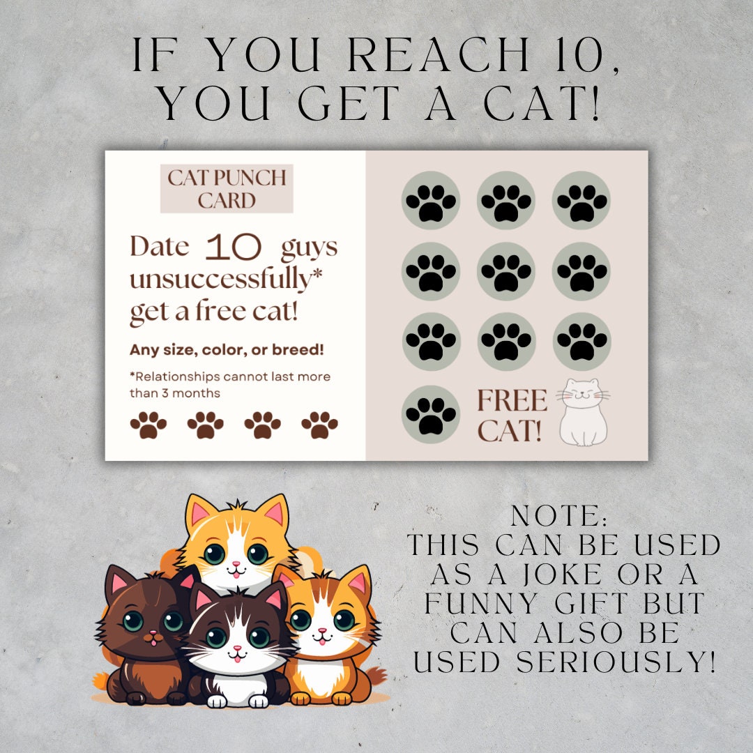 Cat Punch Card, Funny Punch Card, Funny Gift, Rewards Card, Free Cat ...