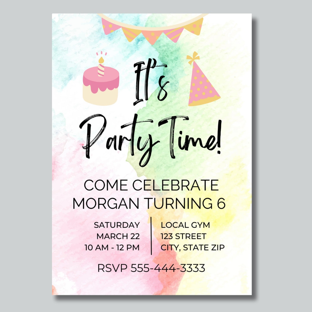 Pastel Rainbow Birthday Party Invitation, Watercolor Invitation ...