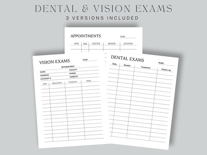 Dental & Vision Exam Trackers: Printable Health Planner (digital ...