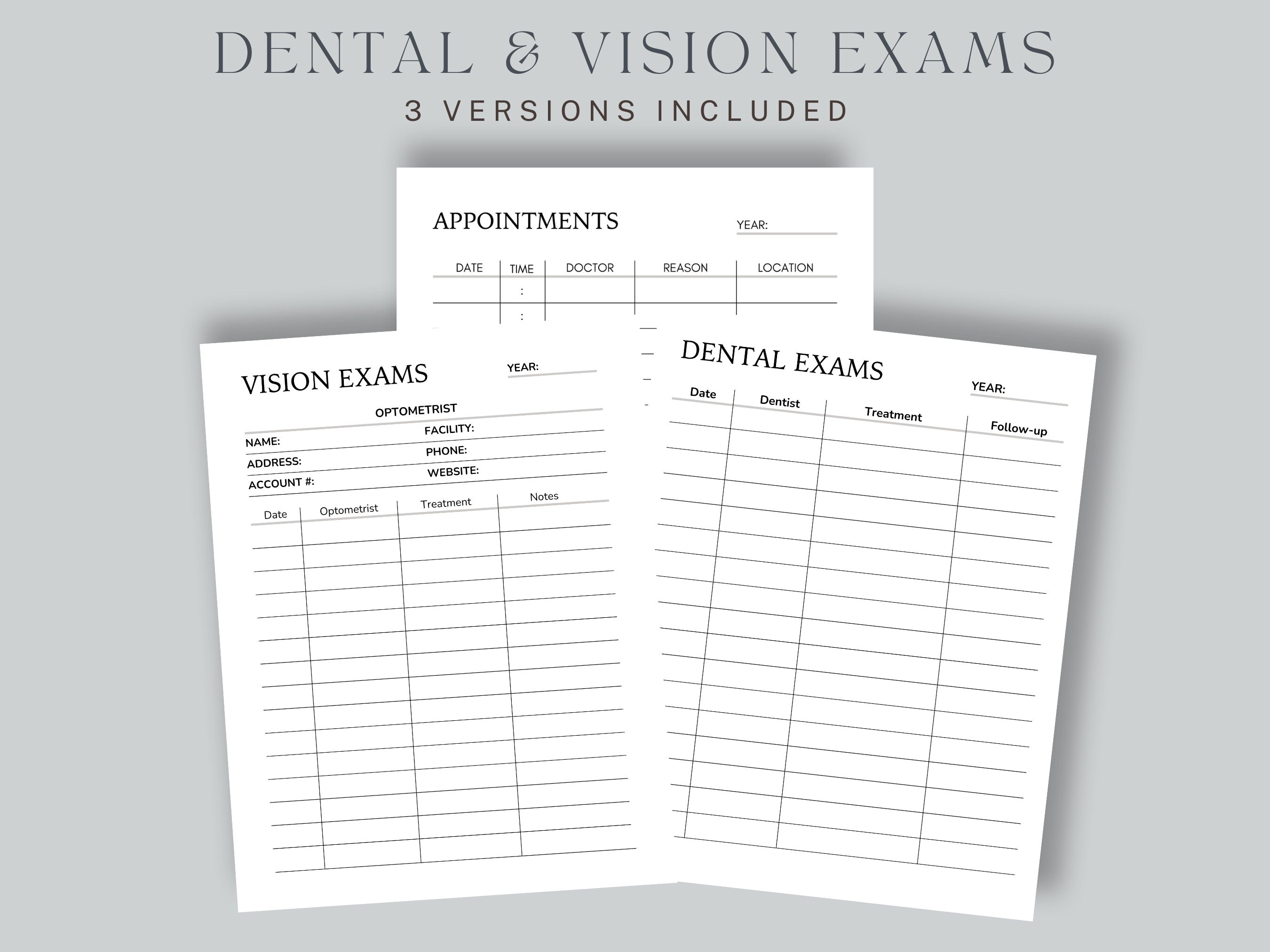 Dental & Vision Exam Trackers: Printable Health Planner (digital ...