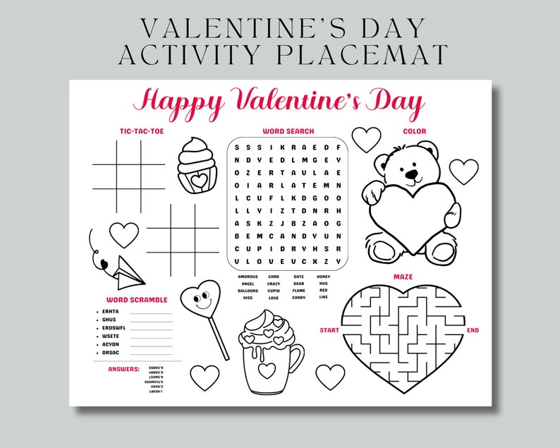 Valentine's Day Activity Mat, Valentine's Day Printable Activity Pages ...