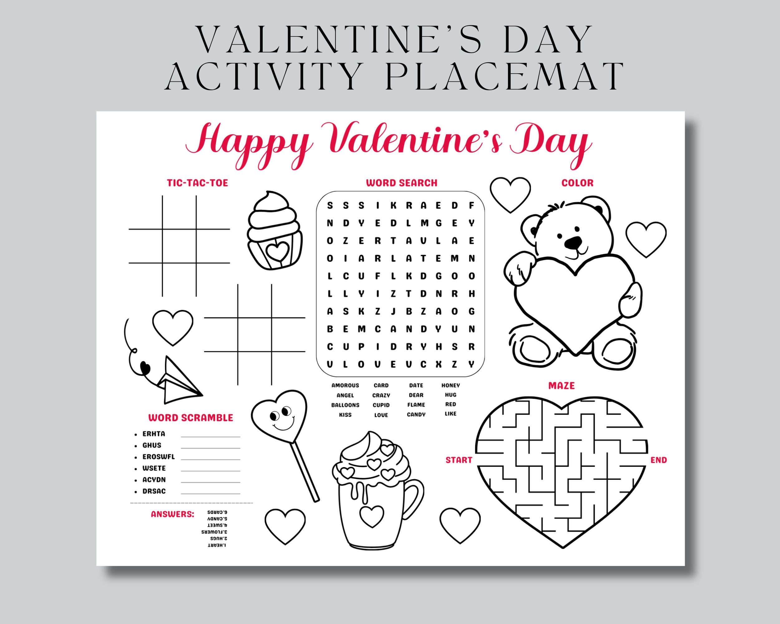 Valentine's Day Activity Mat, Valentine's Day Printable Activity Pages ...