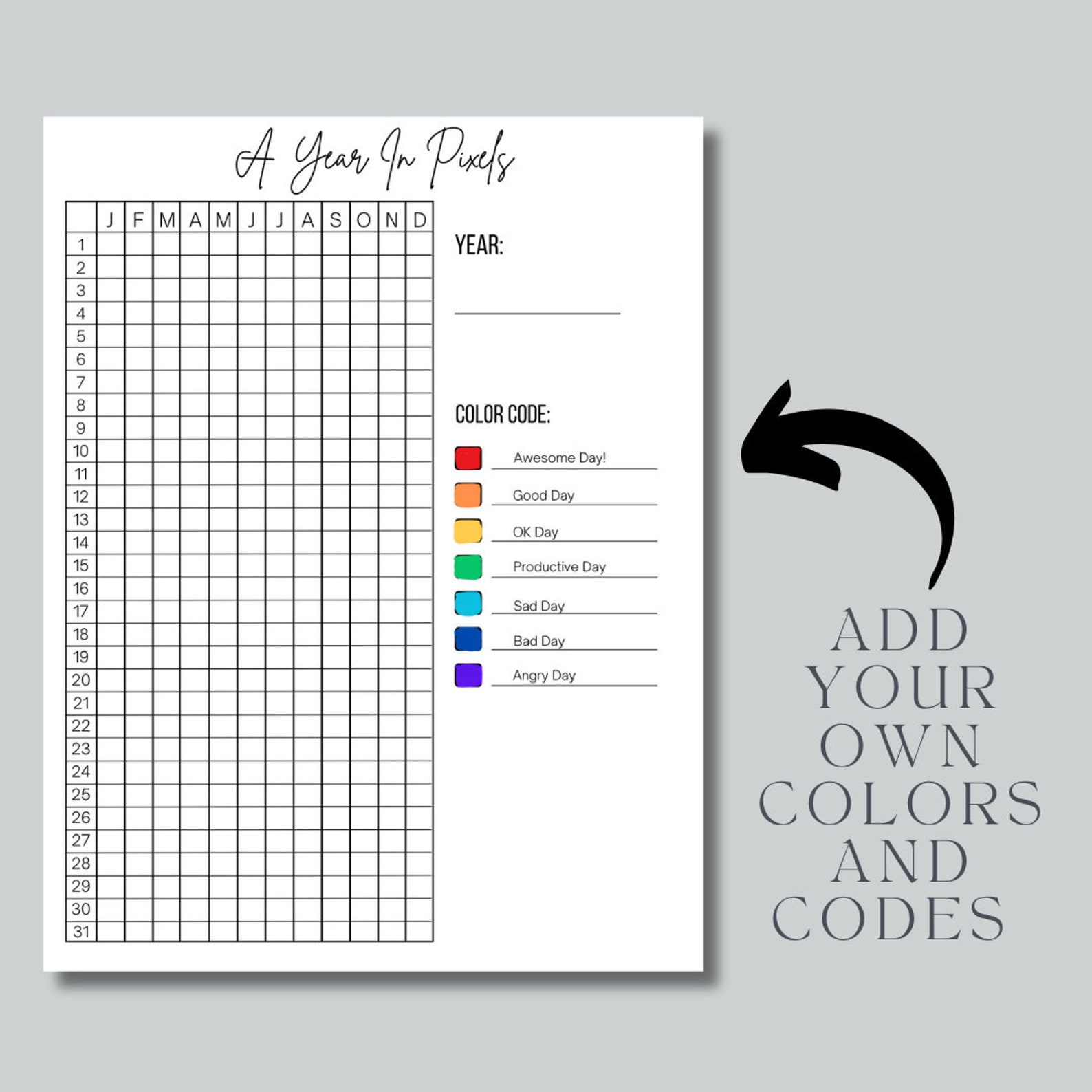 A Year in Pixels Printable, Pixel Journal, Year at a Glance, Yearly ...