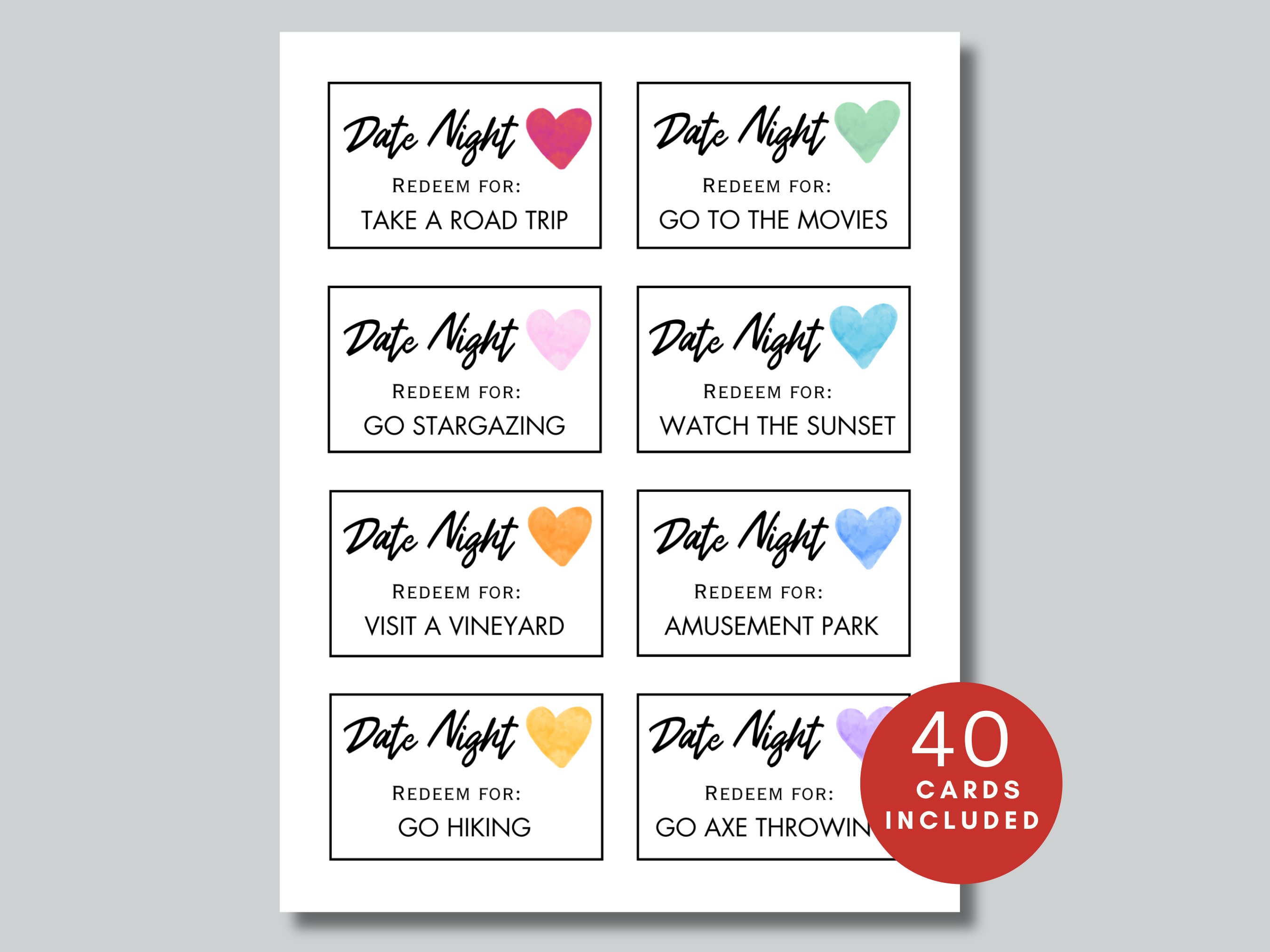40 Printable Date Night Cards, Date Jar Ideas, Heart Date Night Idea ...