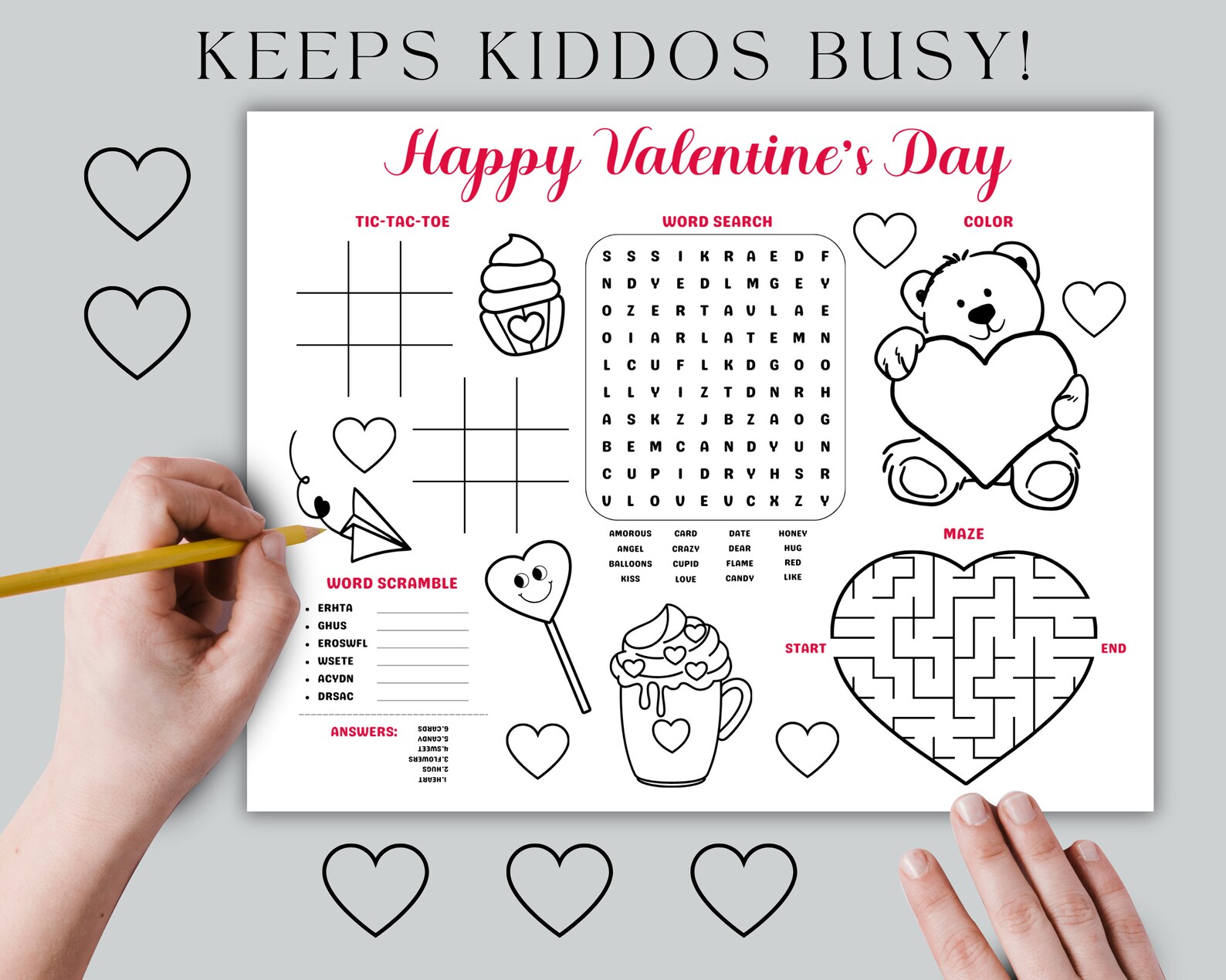 Valentine's Day Activity Mat, Valentine's Day Printable Activity Pages ...