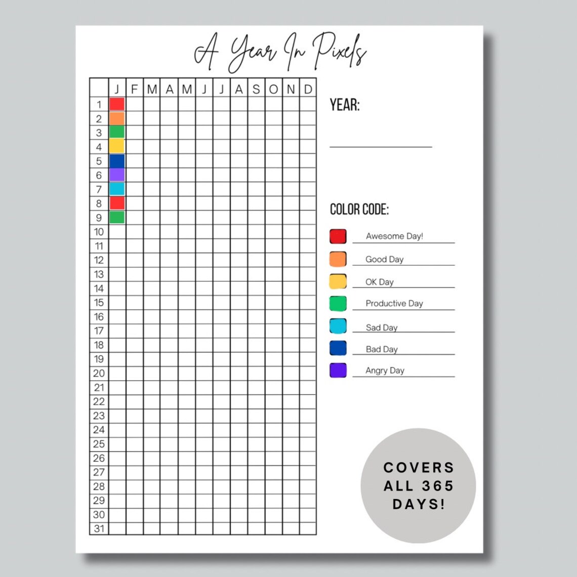 A Year in Pixels Printable, Pixel Journal, Year at a Glance, Yearly ...