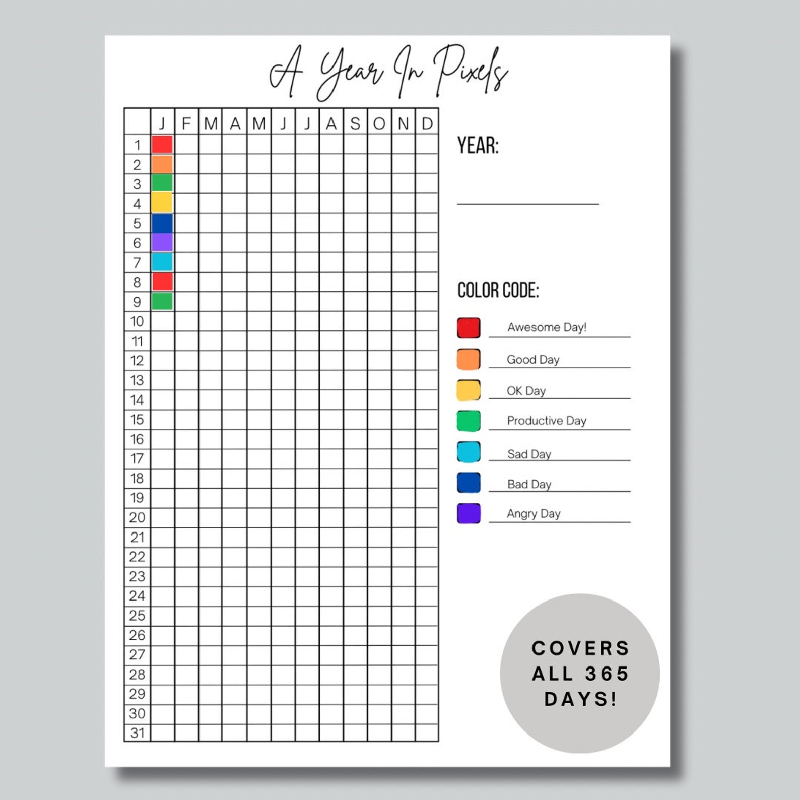 A Year in Pixels Printable, Pixel Journal, Year at a Glance, Yearly ...