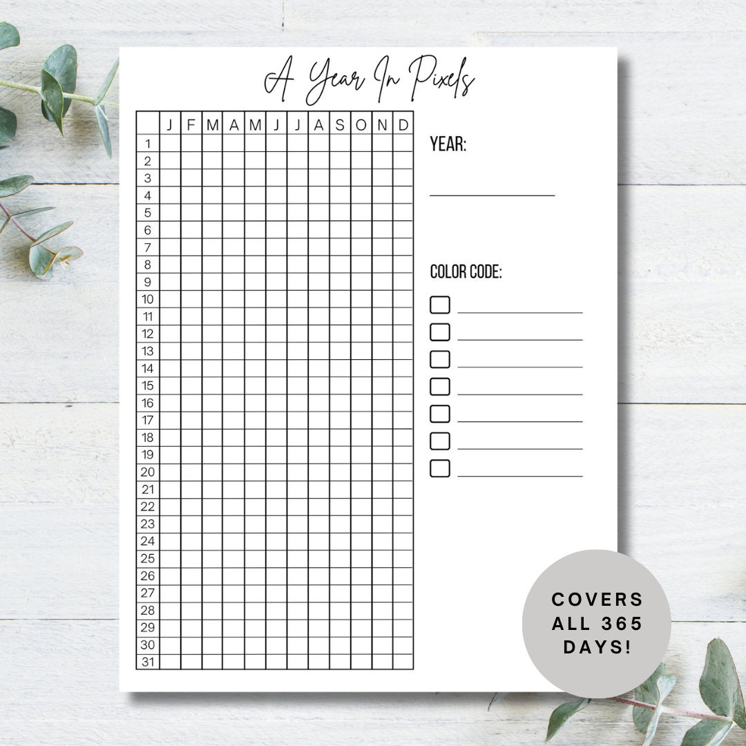 A Year in Pixels Printable, Pixel Journal, Year at a Glance, Yearly ...