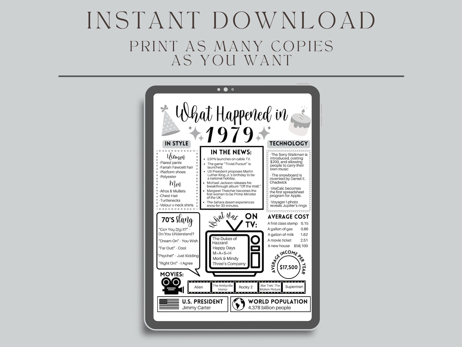 1979 the Year You Were Born Printable, 1979 Birthday Printable, on This ...