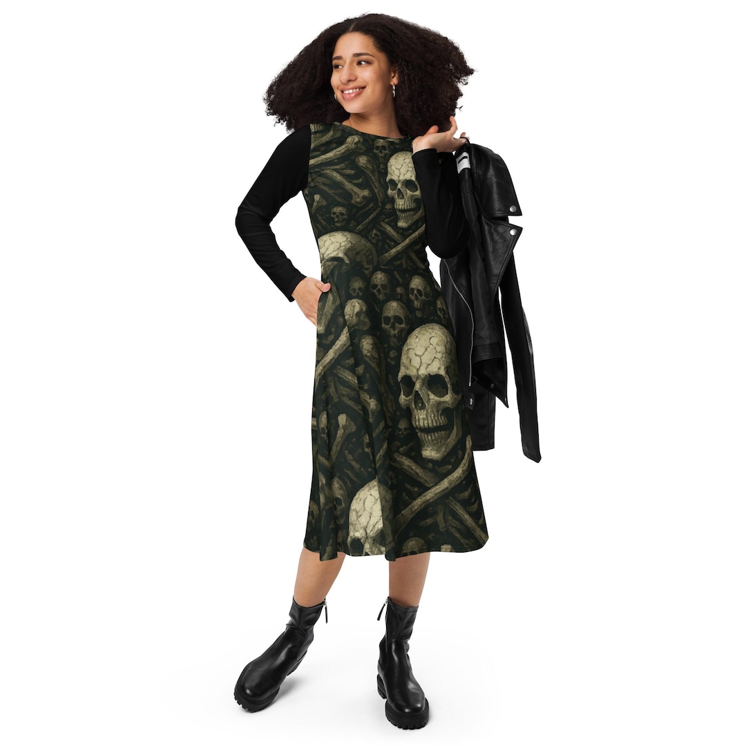 Black Skull All-over Print Long Sleeve Midi Dress - Etsy