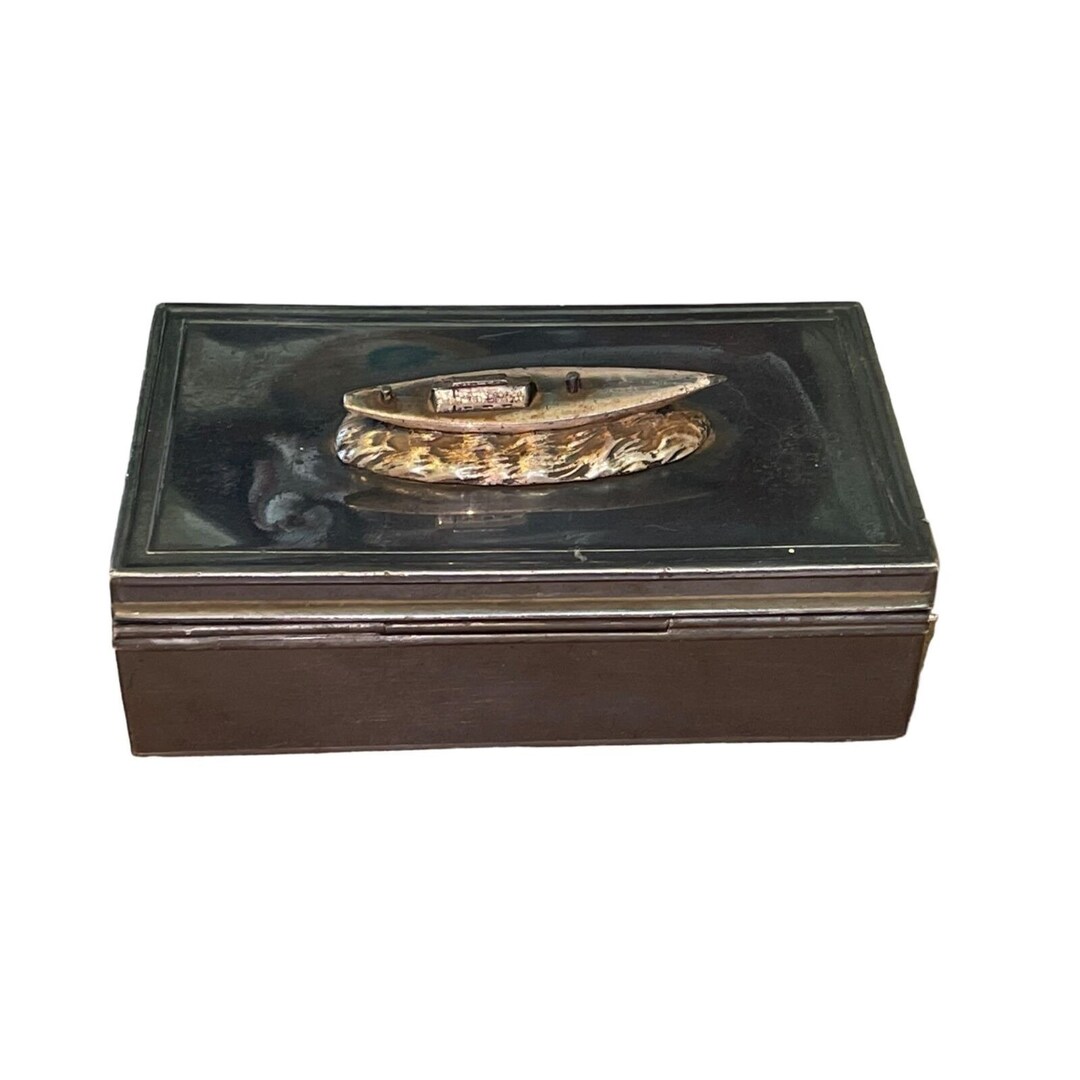 Vtg Ship JB Jennings Brothers Silver Tone Cigar Jewelry Trinket Hinged ...