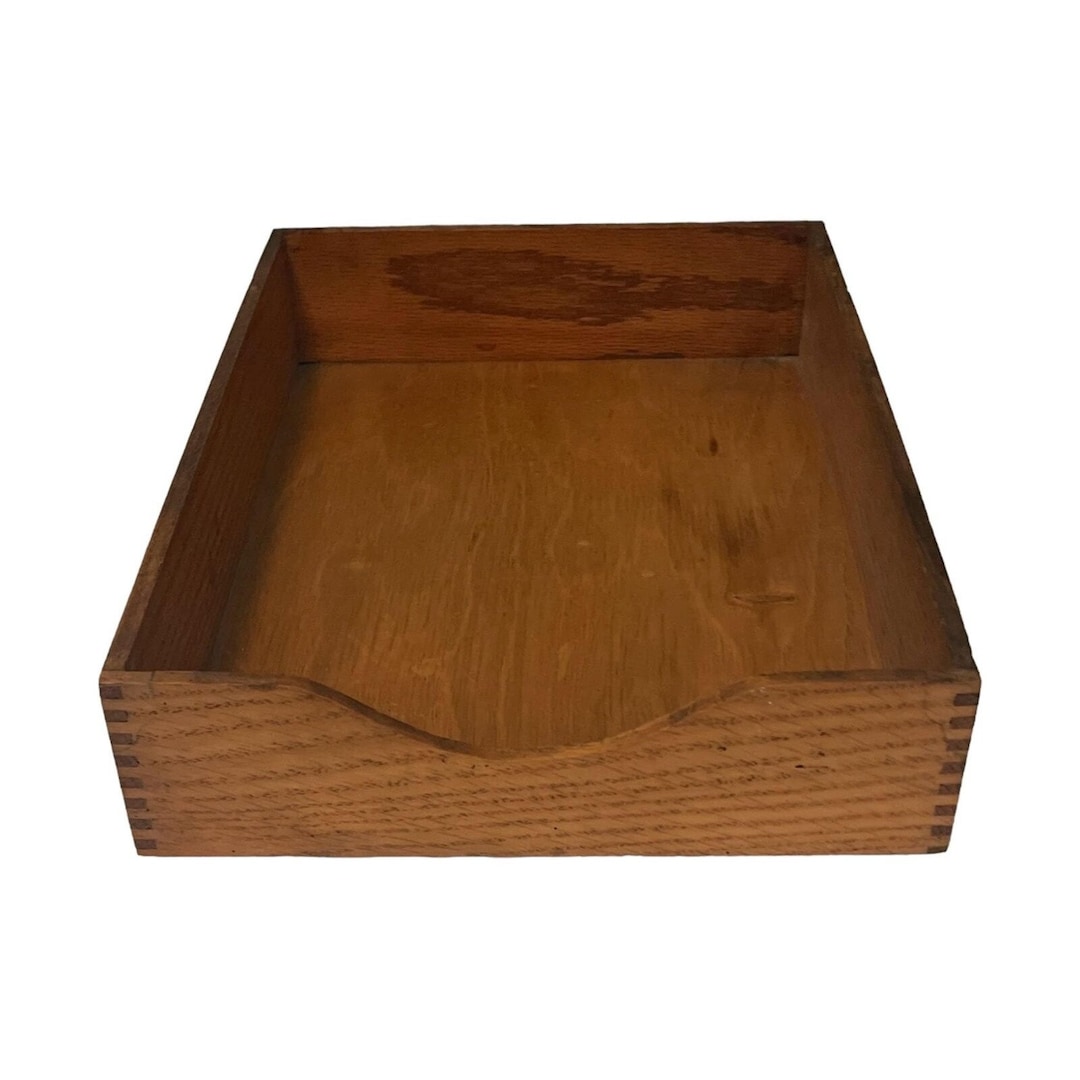 Vintage Oak Desk Organizer Dovetailed Wood in Out Box Letter Tray File ...
