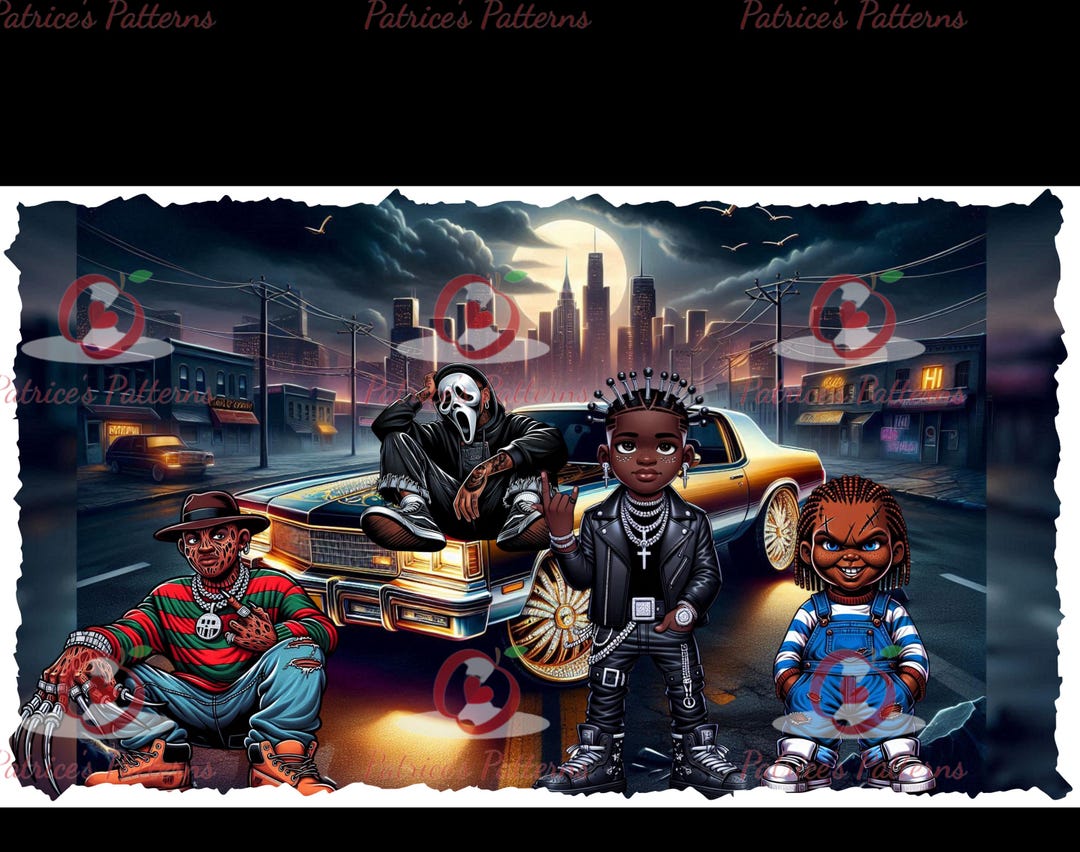 Urban Horror Print – Iconic Horror Characters With Vintage Car, Spooky ...