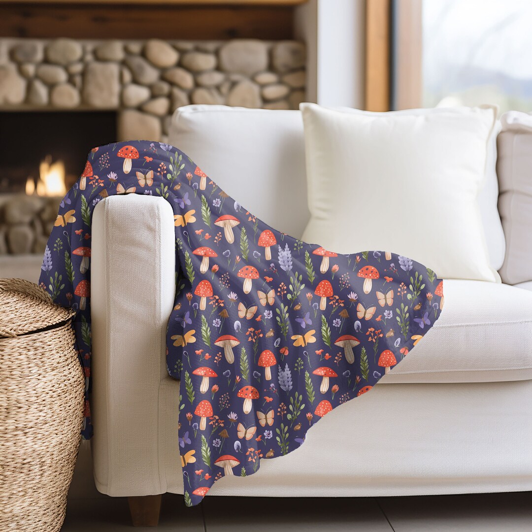Purple Mushroom Butterfly Velveteen Blanket, Cottagecore Plush Throw - Etsy