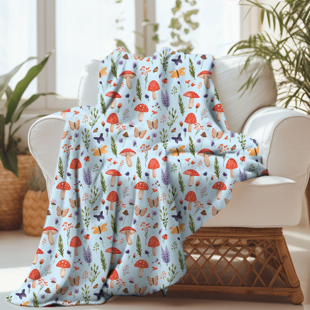 Blue Mushroom Butterfly Cottagecore Velveteen Plush Blanket, Forestcore ...