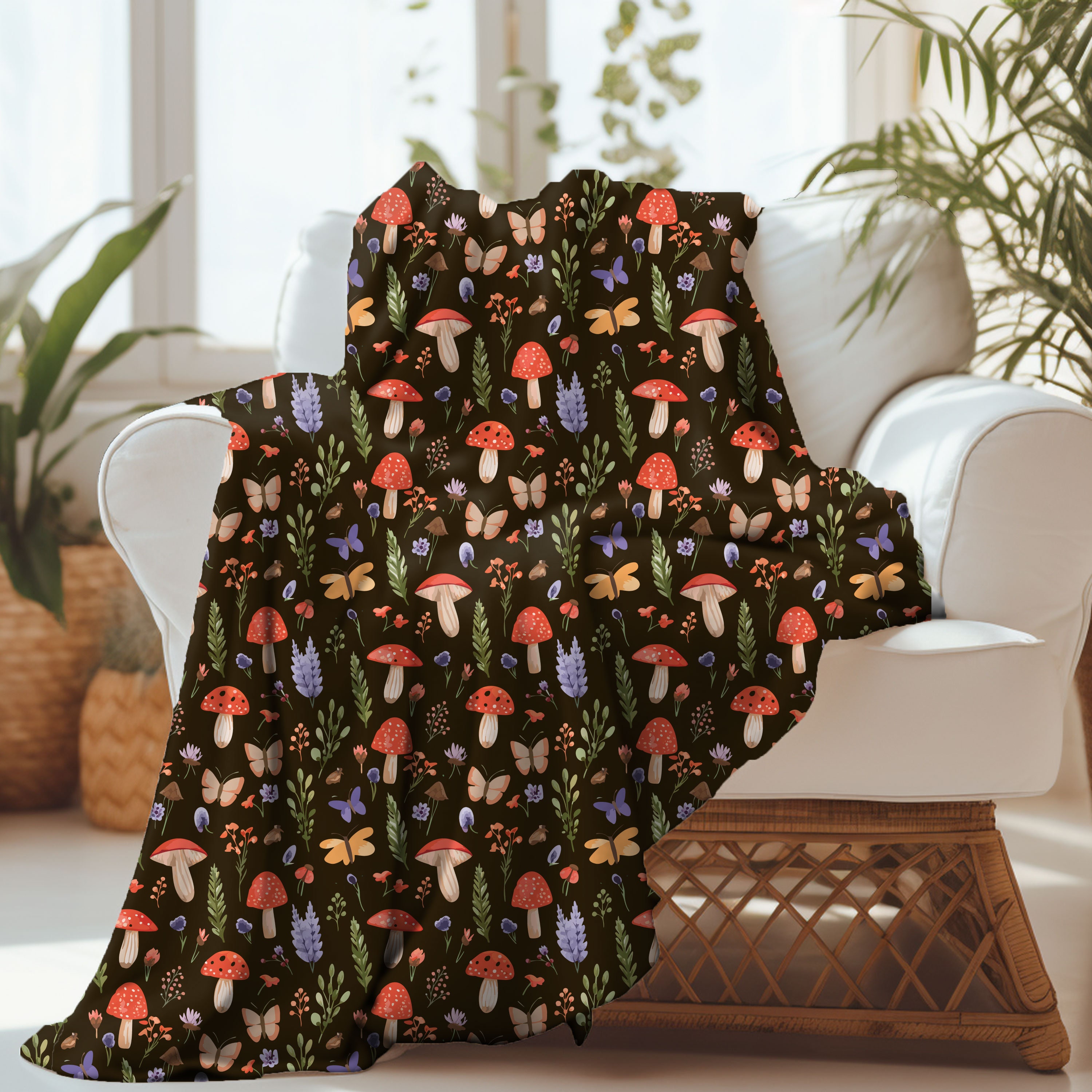 Brown Mushroom Butterfly Cottagecore Velveteen Plush Blanket ...