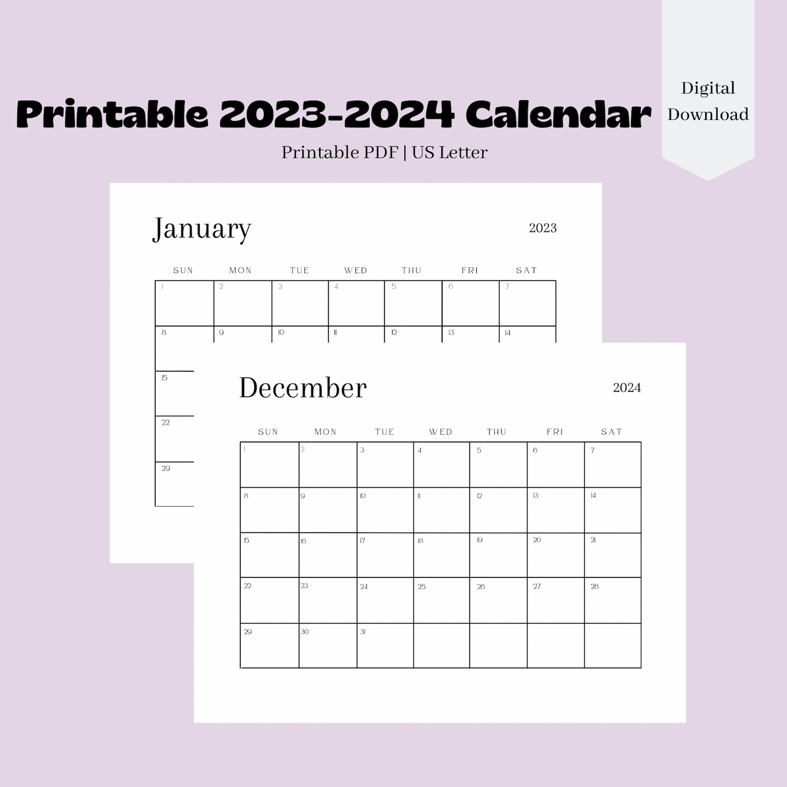 2023-2024 Calendar, Printable, Minimal Simple Calendar, 11 X 8.5 Inches ...