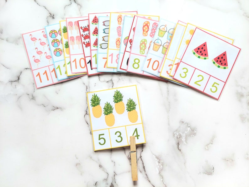 Counting Clip Cards Summer Themed - Number Recognition - Early Learning ...