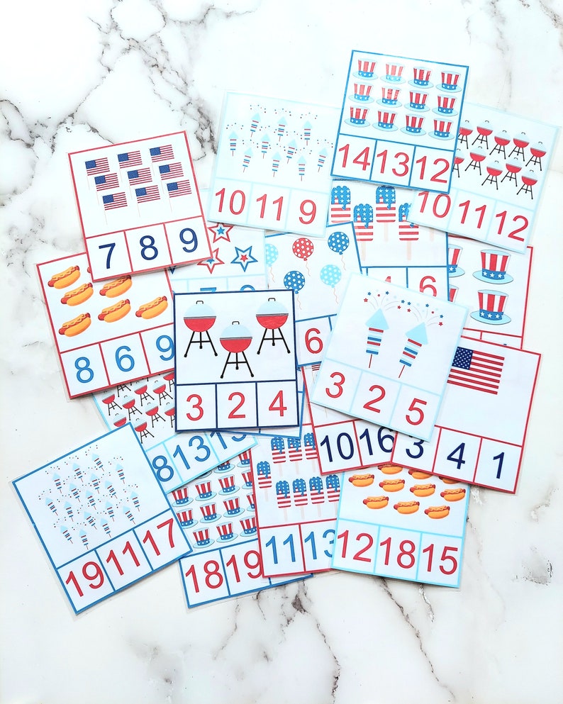 Counting Clip Cards 4th of July - Number Recognition - Early Learning ...
