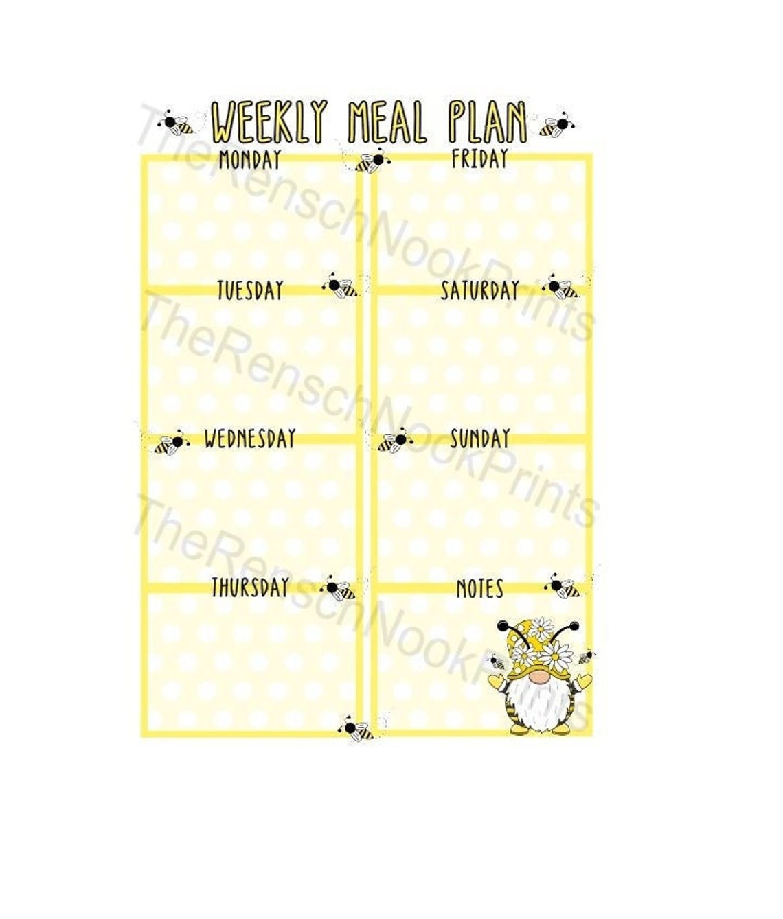 Honey Bee Gnome Weekly Meal Plan Sheet - Digital Download - Etsy