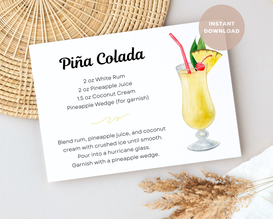 Piña Colada Cocktail Recipe Card, Alcohol Drink Prints for Gift Baskets ...