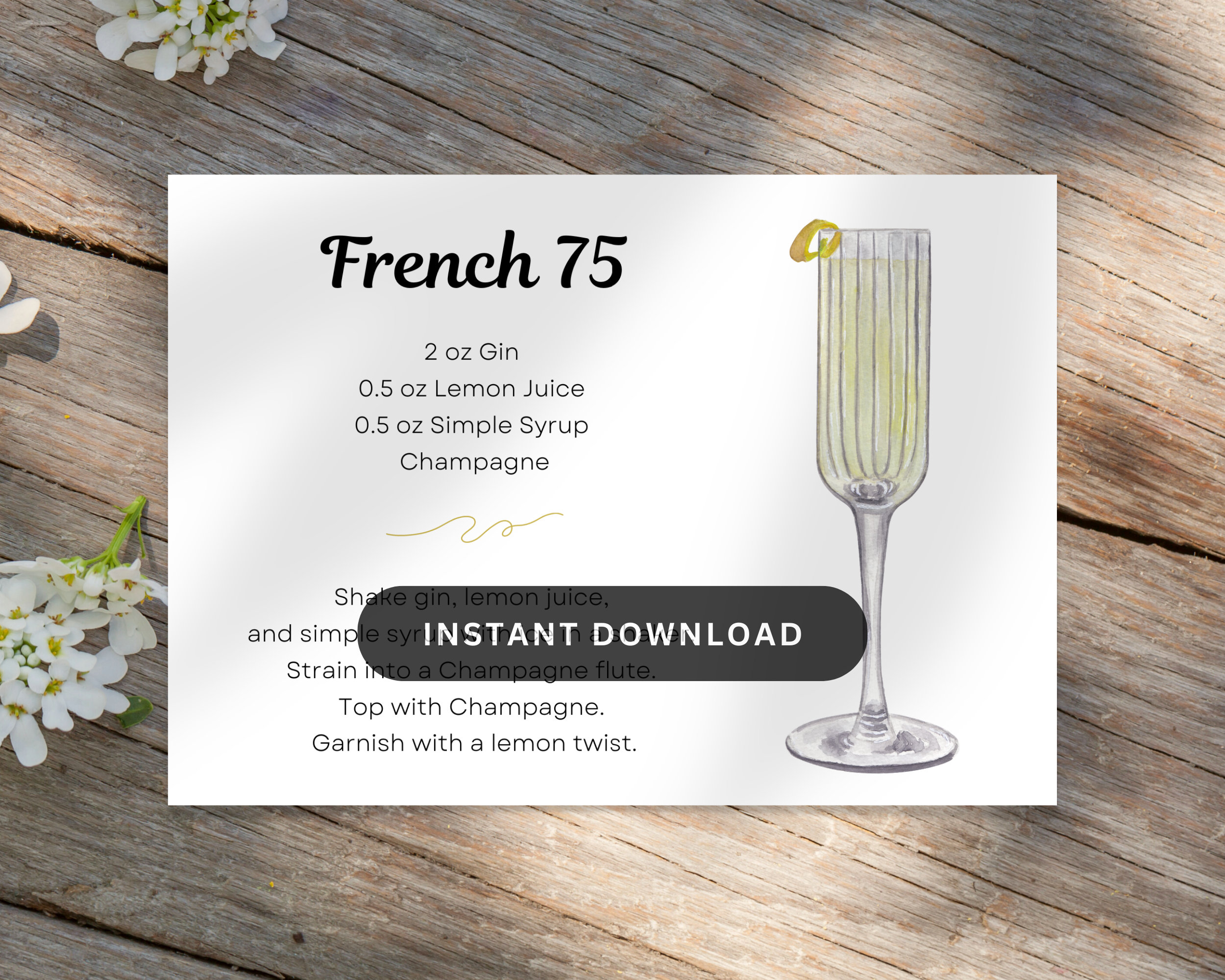 French 75 Cocktail Recipe Card, Digital Download, Cocktail Printable ...