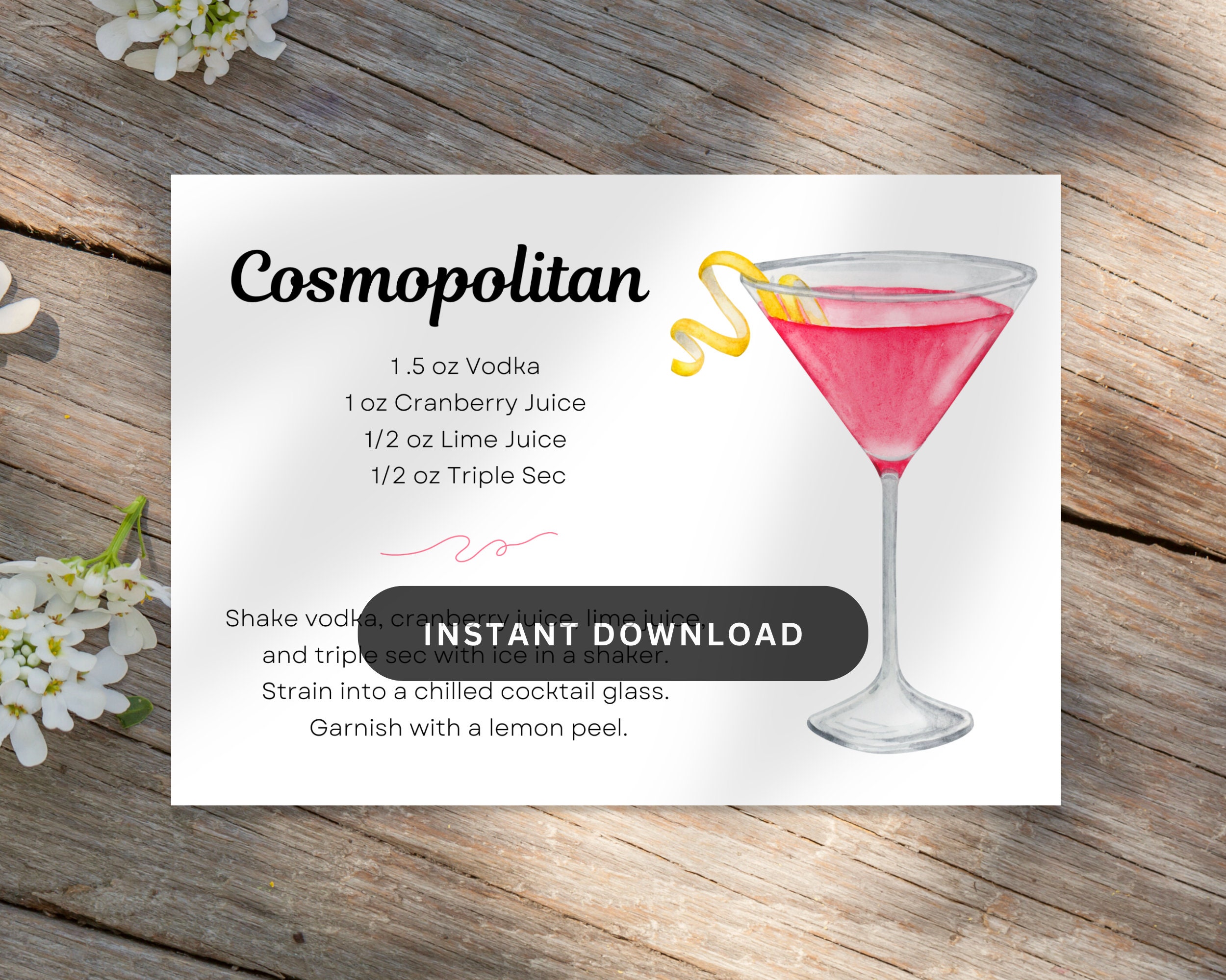 Cosmopolitan Cocktail Recipe Card, Digital Download, Cocktail Printable ...