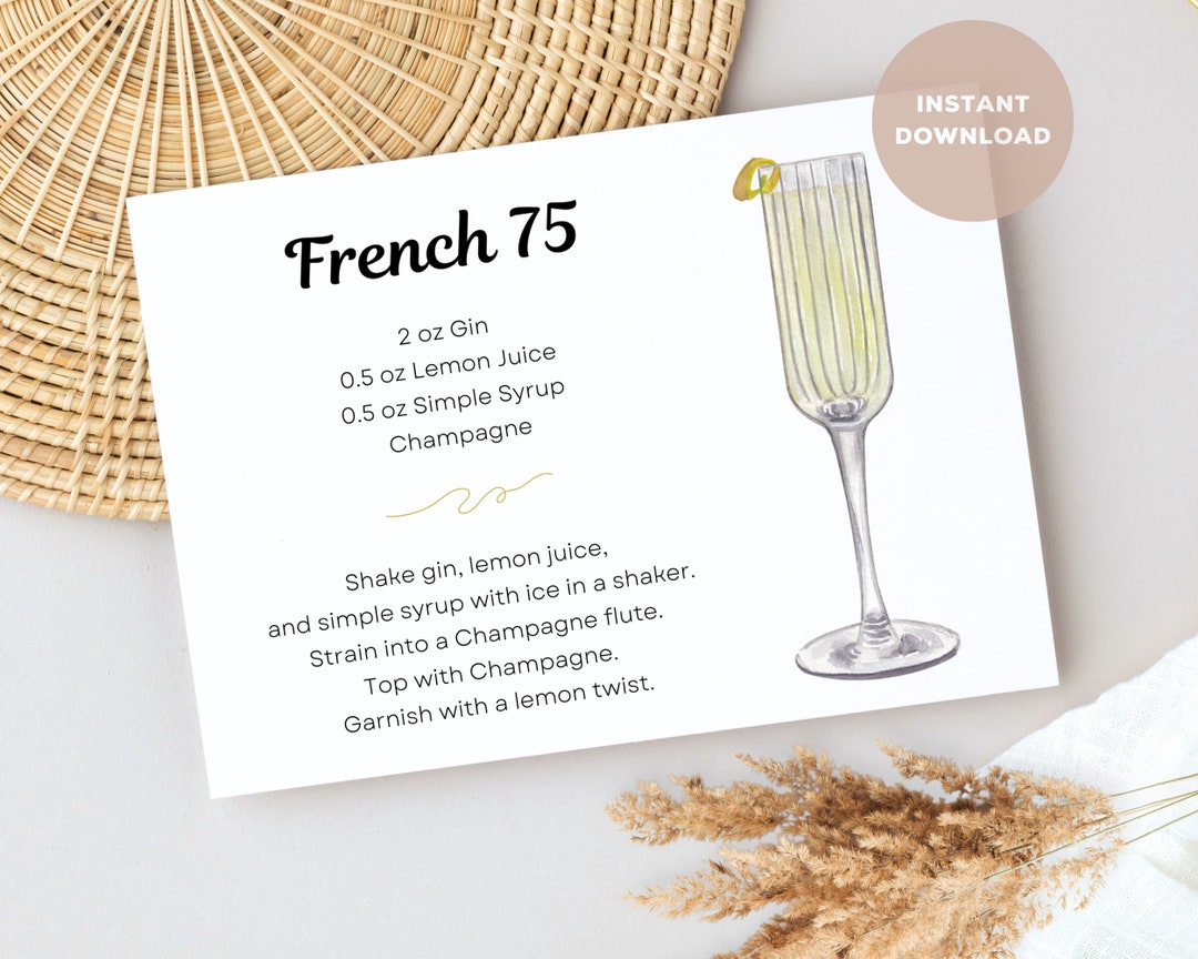 French 75 Cocktail Recipe Card, Digital Download, Cocktail Printable ...
