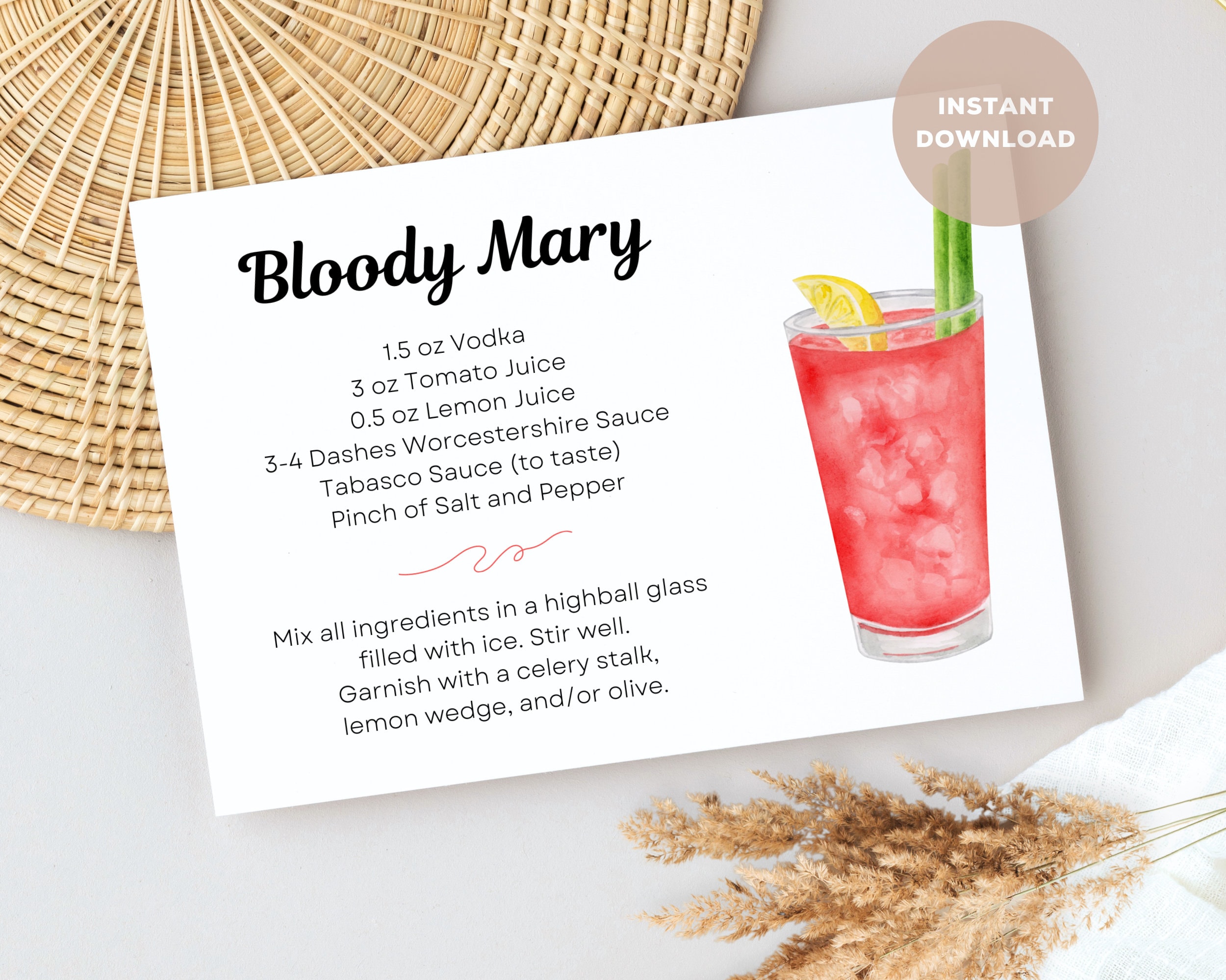 Bloody Mary Cocktail Recipe Card, Digital Download, Printable DIY ...