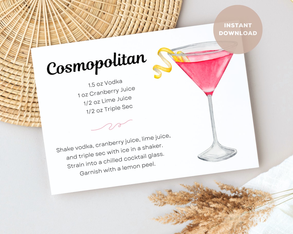 Cosmopolitan Cocktail Recipe Card, Digital Download, Cocktail Printable ...